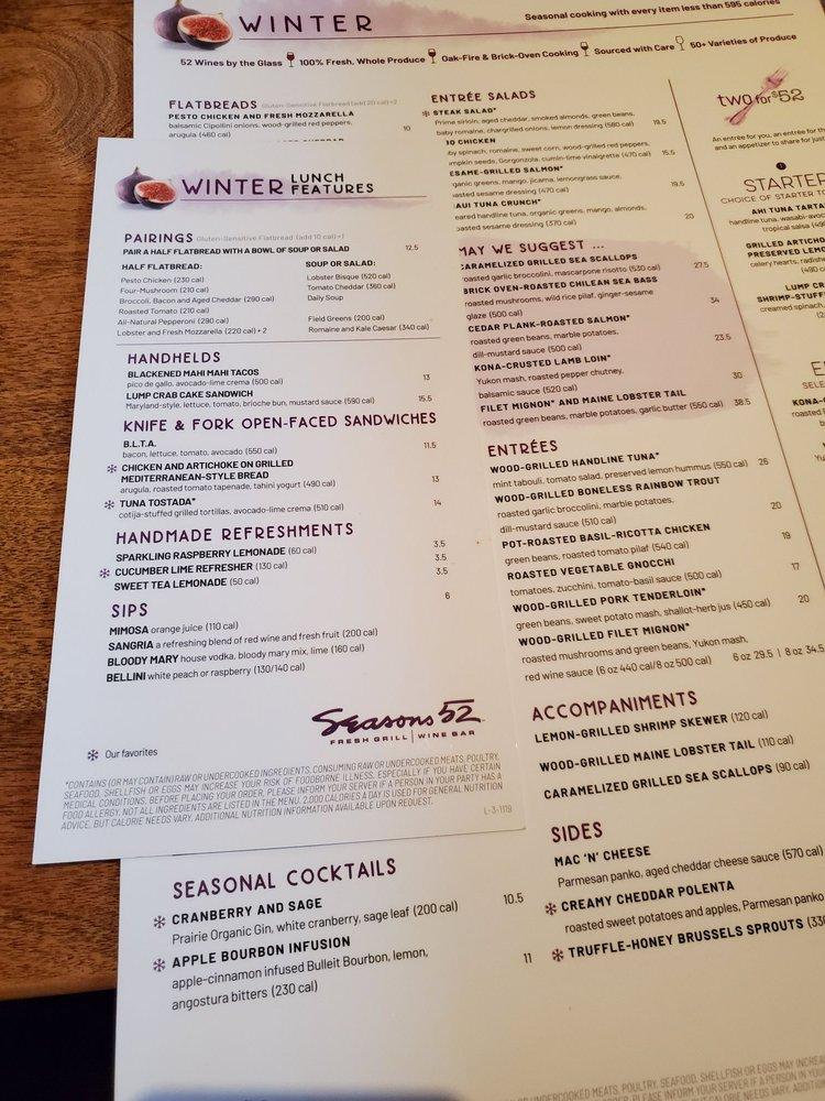 Menu at Seasons 52 pub & bar, Oak Brook, 3 Oakbrook Center