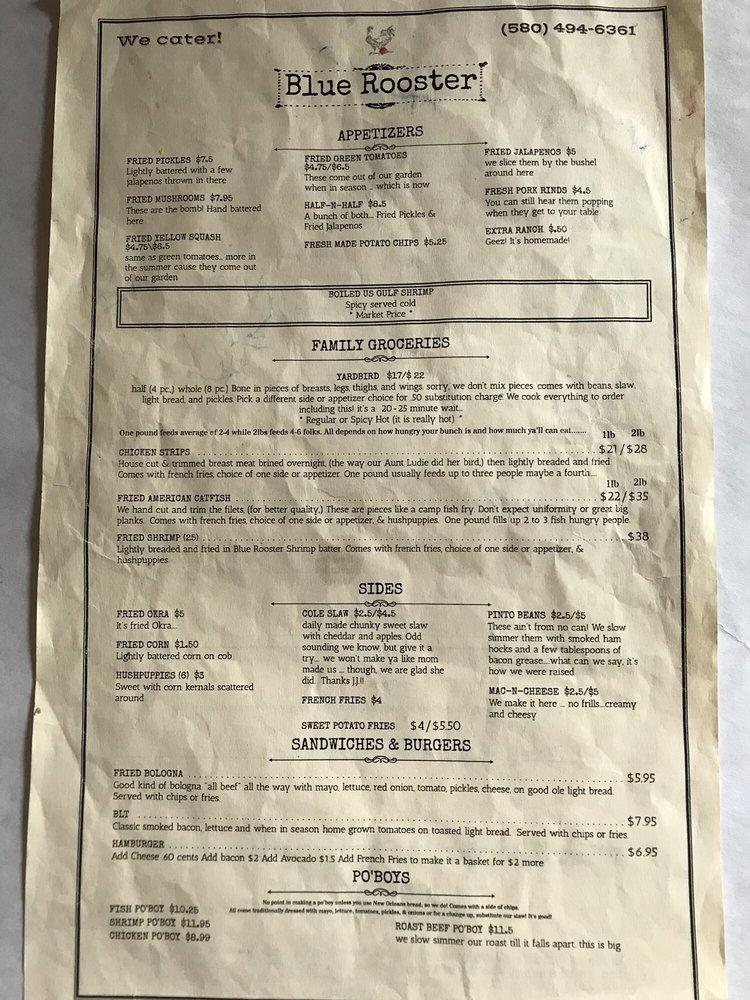 Menu at The Blue Rooster Restaurant, Broken Bow, N US Hwy 259