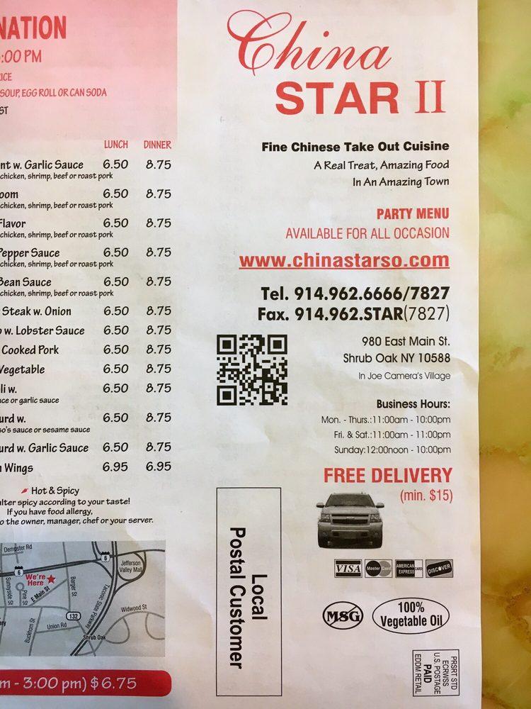 Menu at China Star 2 restaurant, Shrub Oak, 980 E Main St