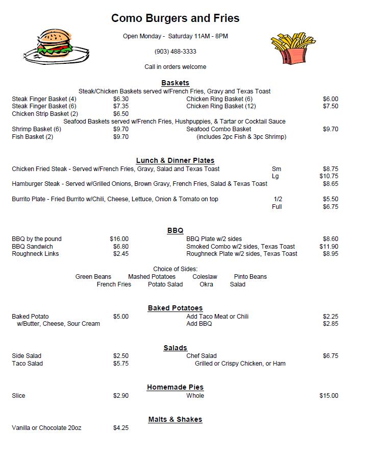 Menu at Como Burger and Fries restaurant, Como