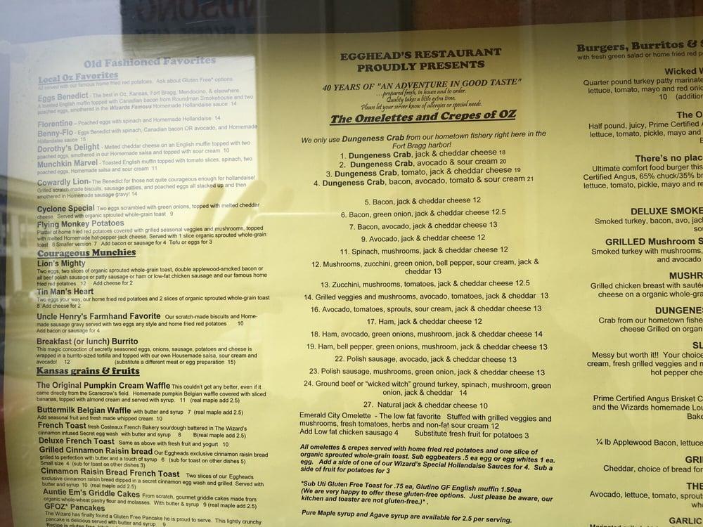 Menu at Egghead's Restaurant, Fort Bragg