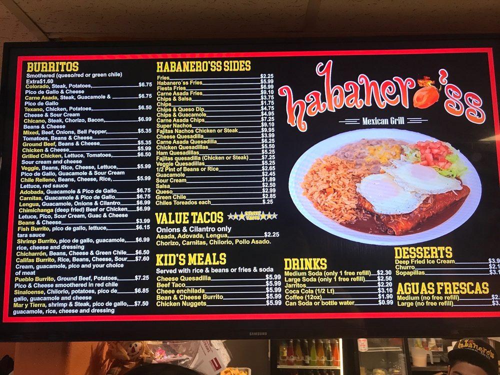 Menu at Habaneros' Mexican Grill restaurant, Trinidad