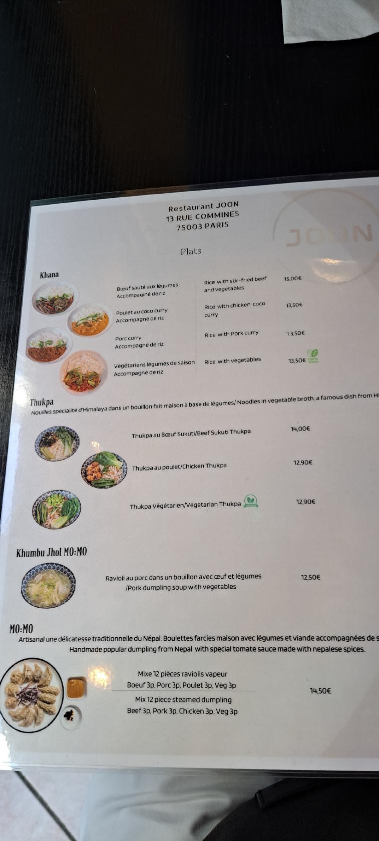 Menu at Joon restaurant, Paris