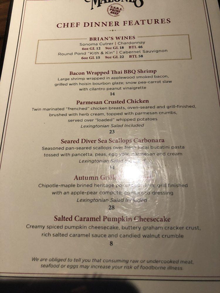 Menu at Malone's Palomar restaurant, Lexington, Palomar Centre Dr