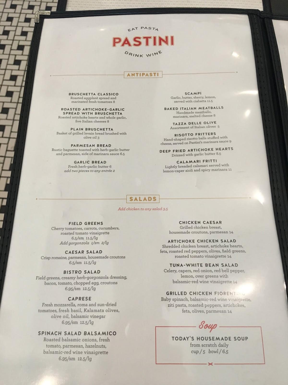 Menu at Pastini restaurant, Bend