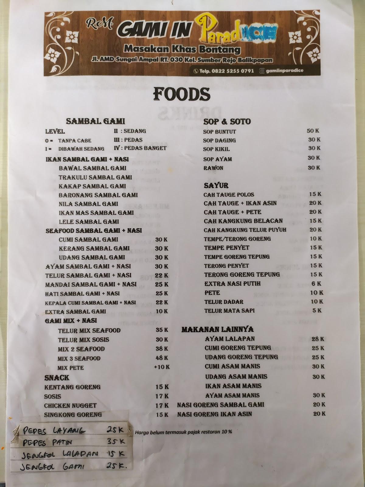 Carta del restaurante R.M Sambal Gami Paradise, Balikpapan