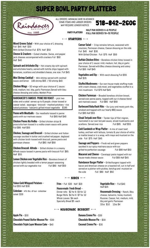 Menu at Raindancer Restaurant, Amsterdam, State Highway 30