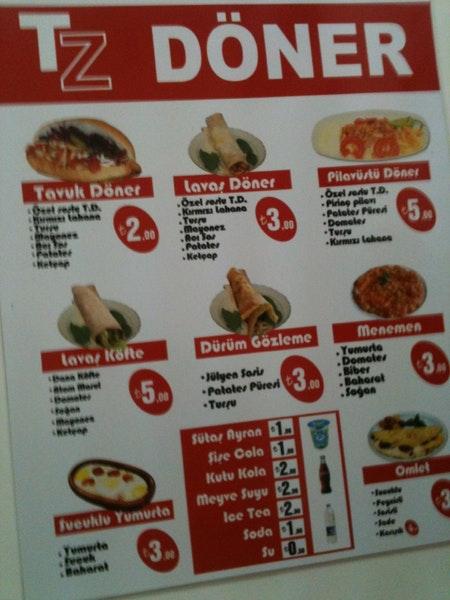 Menu at TZ Döner, İpsala