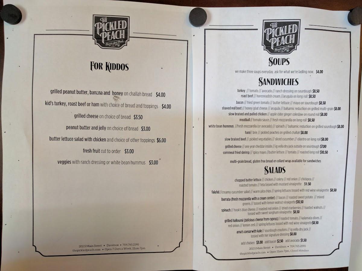 Menu at The Pickled Peach restaurant, Davidson