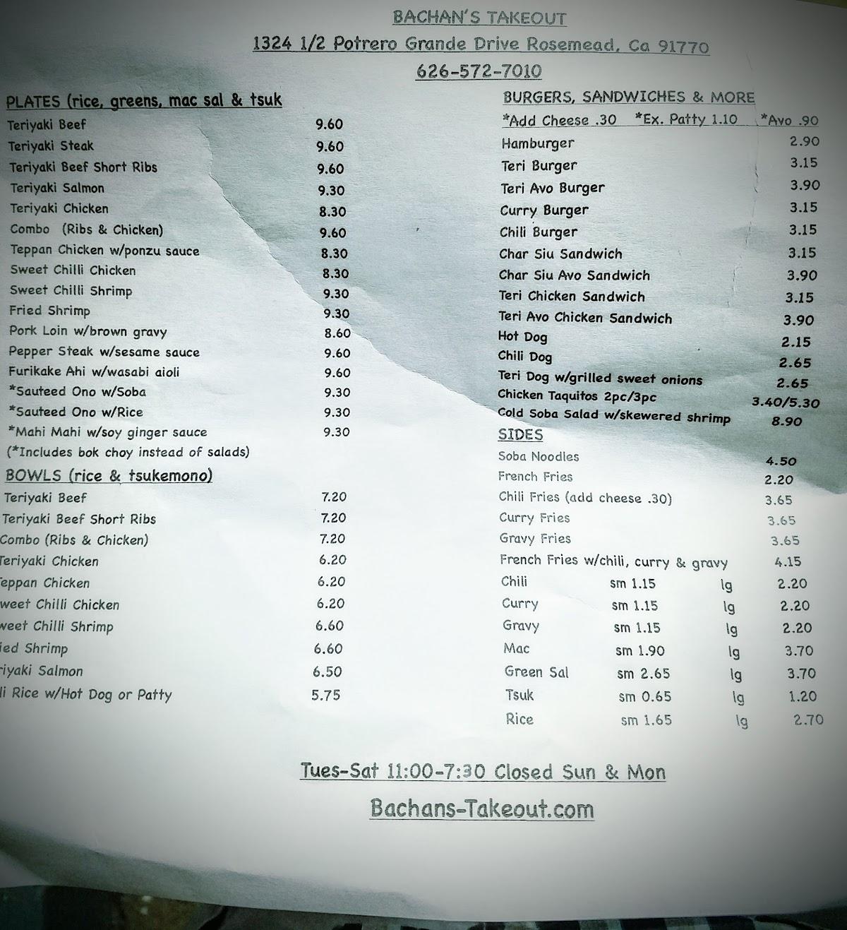 Menu at Bachan's Take Out restaurant, Monterey Park