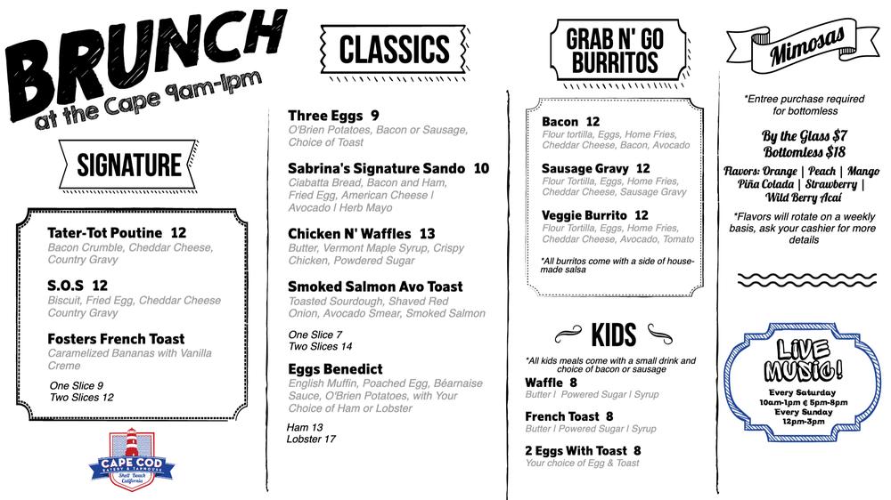Menu at OLD SLO at The Cape (formerly Cape Cod) restaurant, Pismo Beach