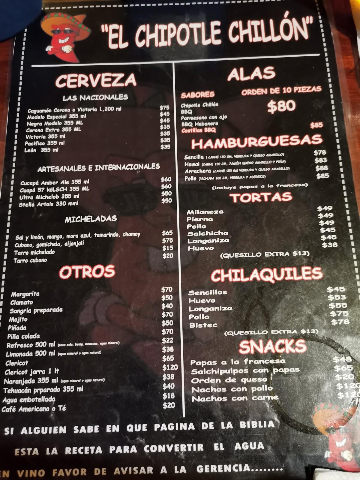 Carta del restaurante Chipotle chillón, Ciudad del México