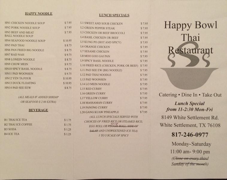 Menu at Happy Bowl restaurant, Fort Worth, White Settlement Rd