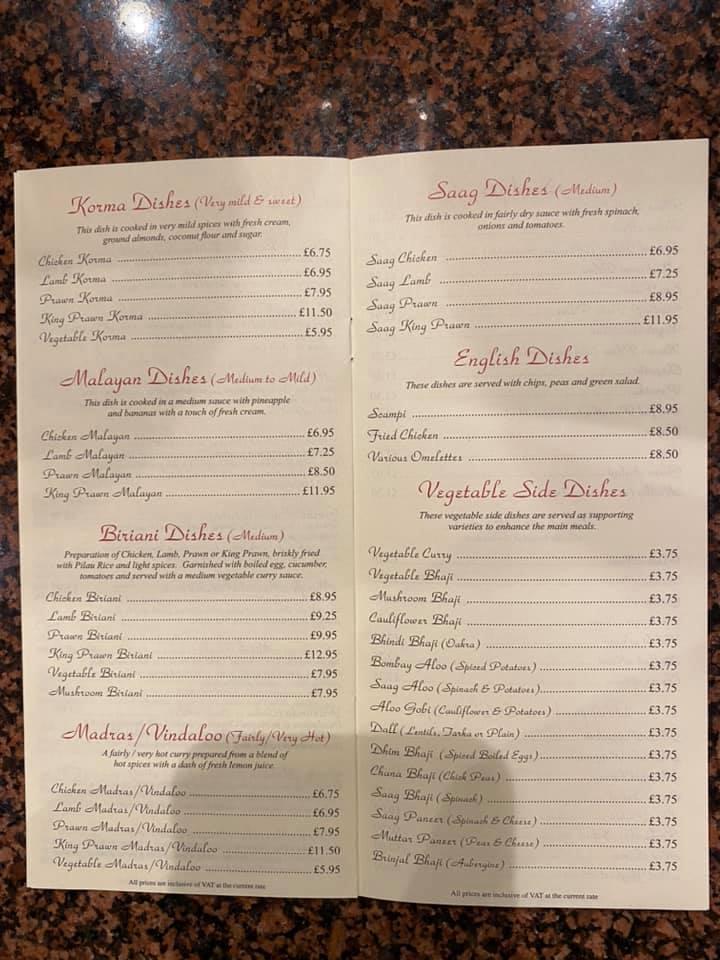 Menu at The Khyber Restaurant, Haxey