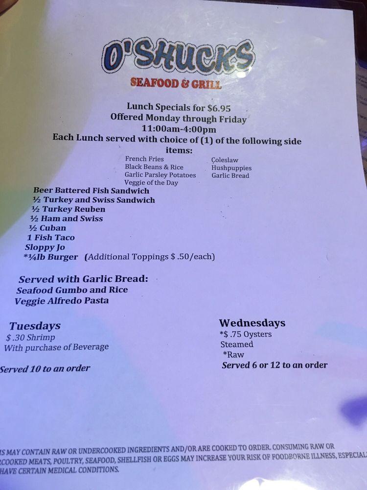 Menu at O'Shucks Seafood & Grill restaurant, Winder