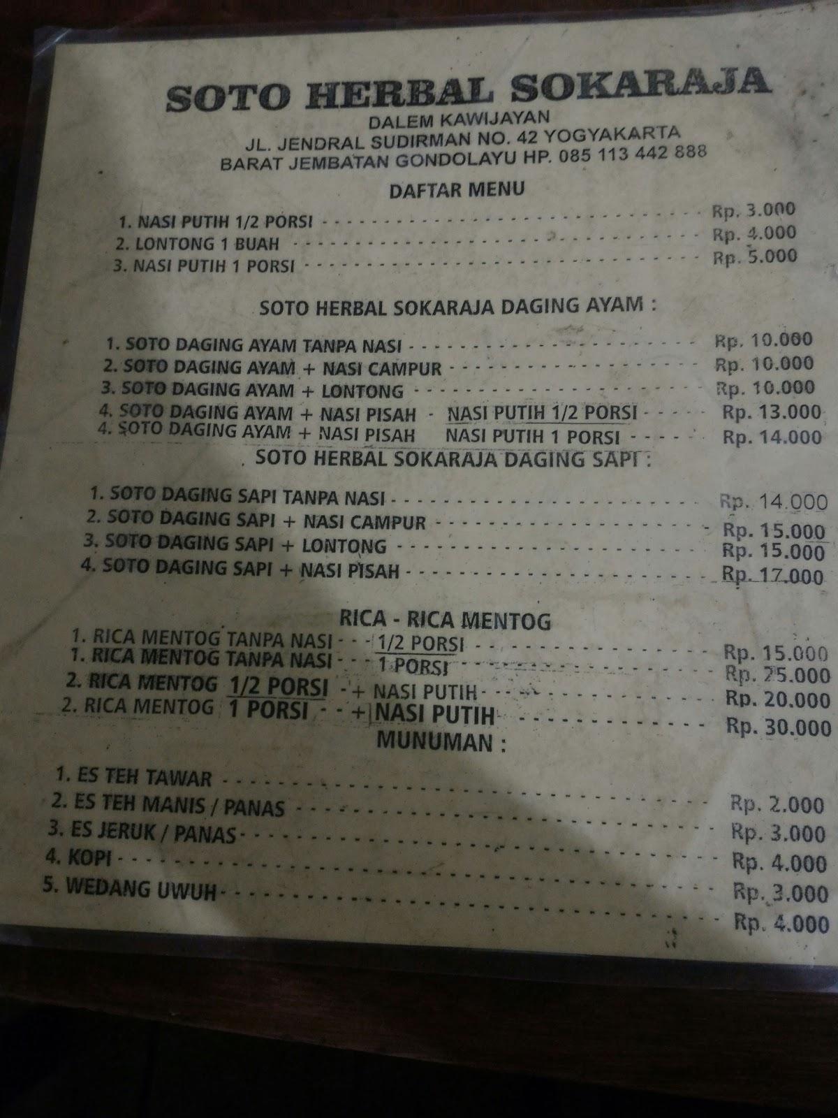 Menu at RM. Bu Yani (Soto Herbal Sokaraja) restaurant, Yogyakarta