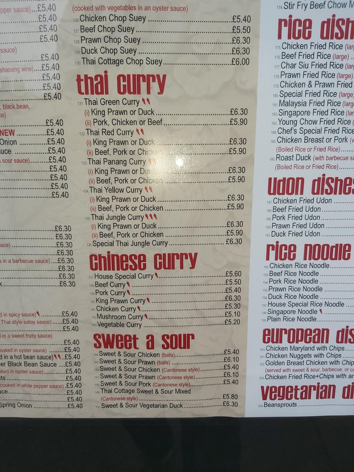 Menu at Thai Cottage restaurant, Lossiemouth