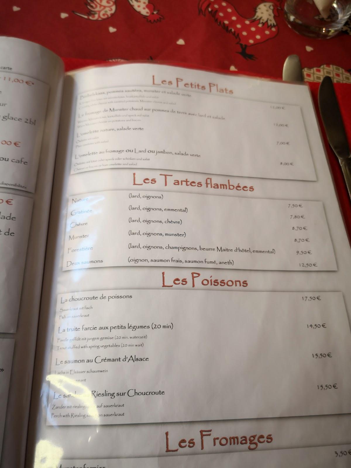 Menu at Auberge aux 4 Saisons restaurant, Munster