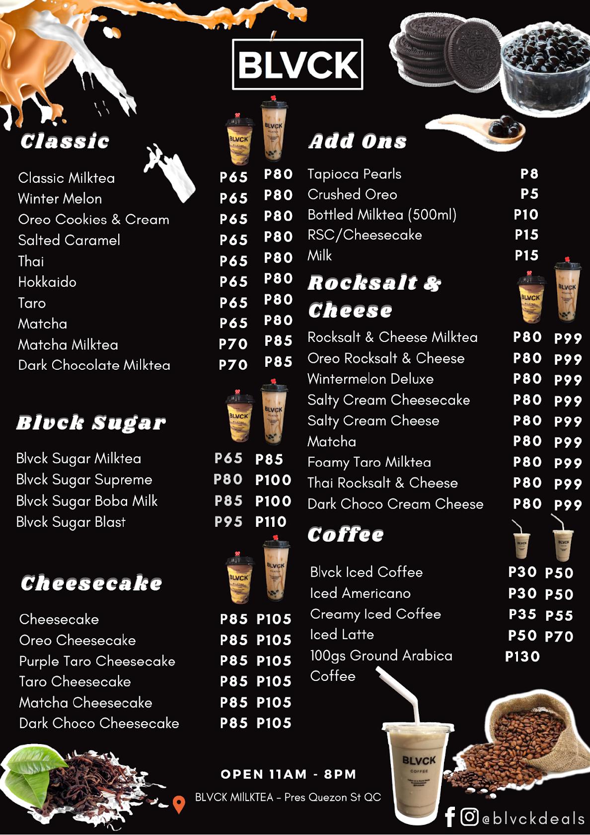 Menu at BLVCK Milktea cafe, Quezon City