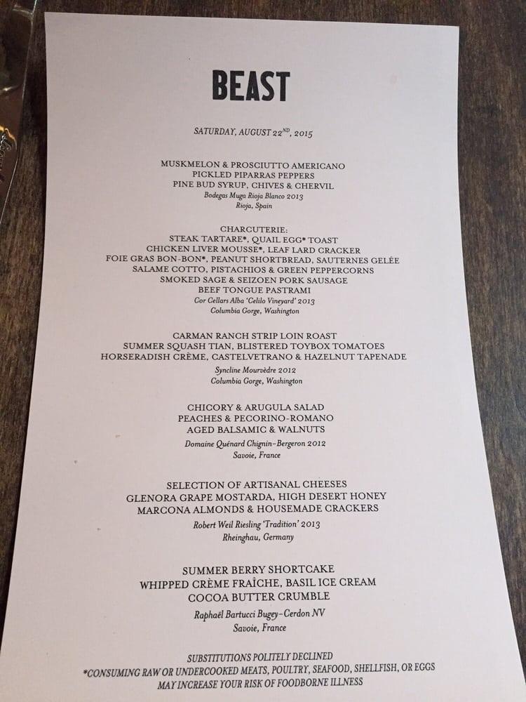 Menu at Beast restaurant, Portland