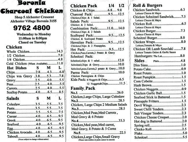 Menu at Boronia Charcoal Chicken fast food, Boronia
