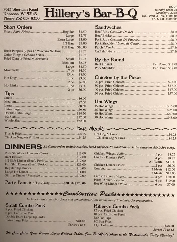 Menu at Hillery's Kenosha Bar-B-Q, Kenosha