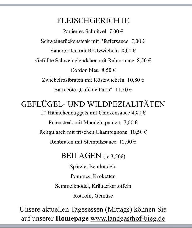 Speisekarte von Landgasthof Bieg restaurant, Neuler