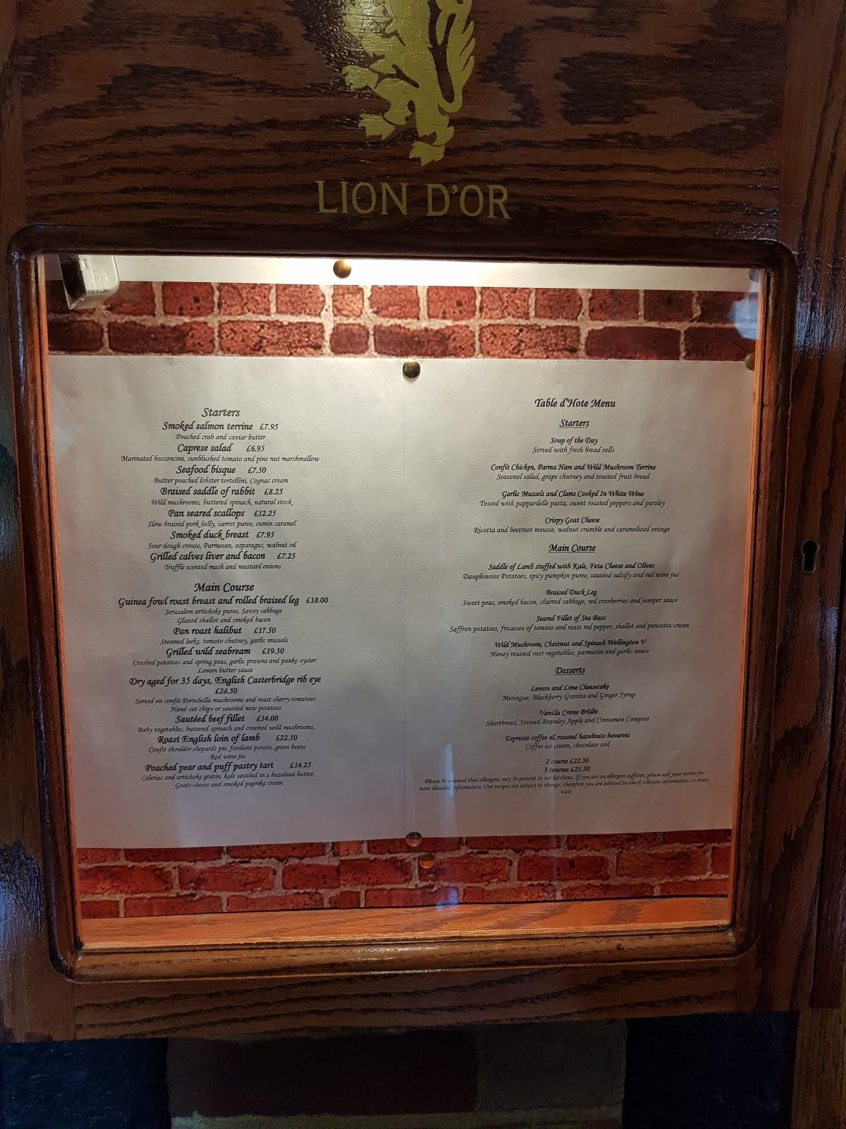 Menu at Lion D'Or pub & bar, Crawley, Copthorne Way