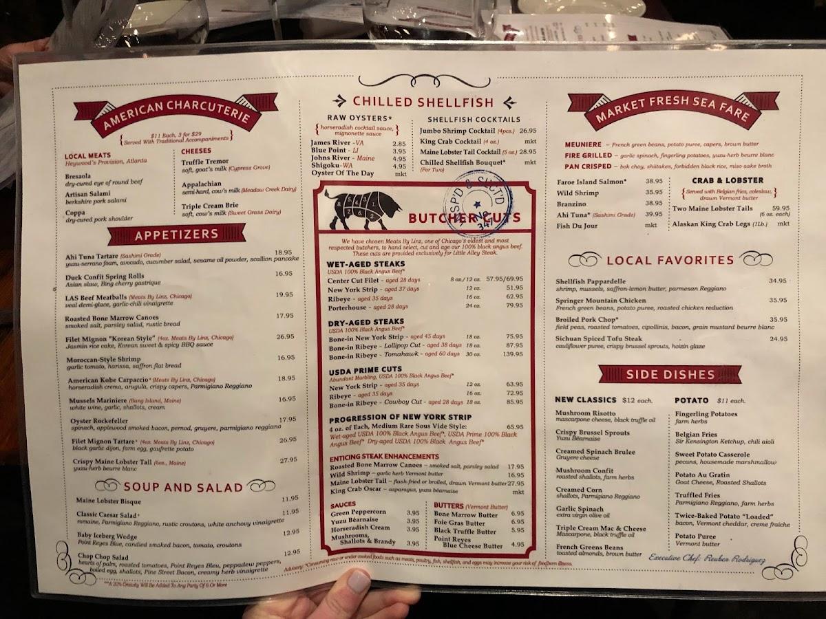 Carta de parrilla Little Alley Steak, Roswell
