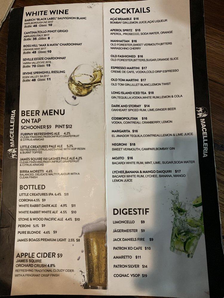 Menu at Macelleria Newtown restaurant, Newtown