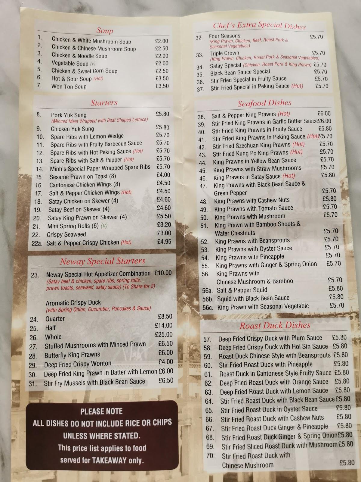 Menu at Neway Chinese Takeaway restaurant, Stafford