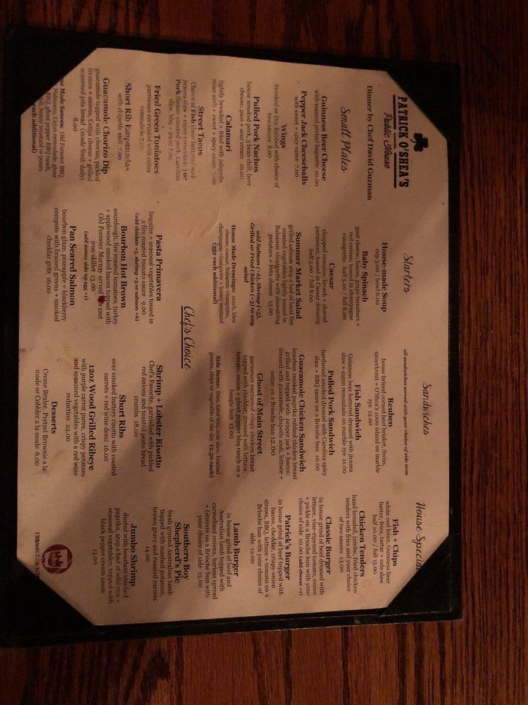 Menu at Patrick O'Shea's pub & bar, Louisville