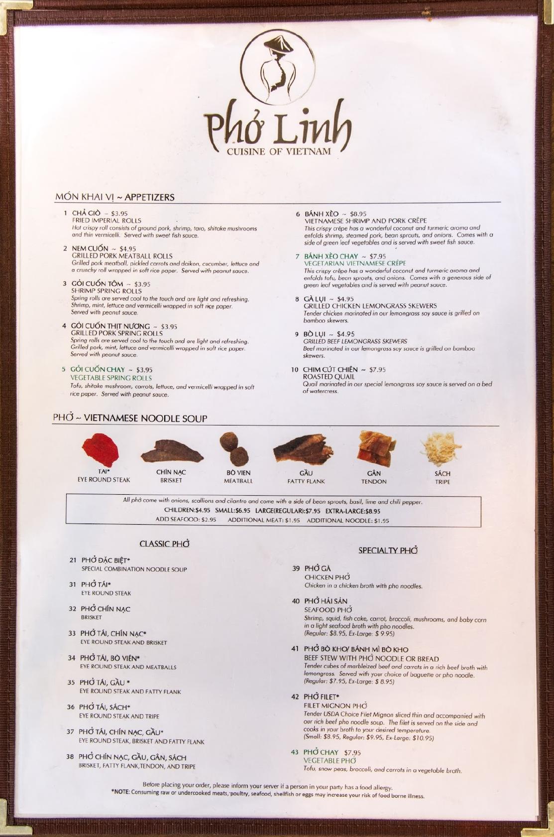 Menu at Pho Linh restaurant, Quincy