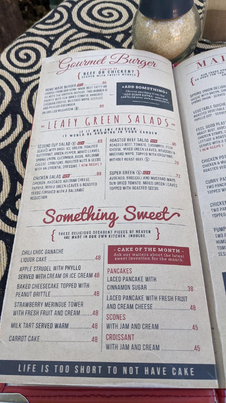 Menu at Second Cup restaurant, Johannesburg, John Vorster Rd