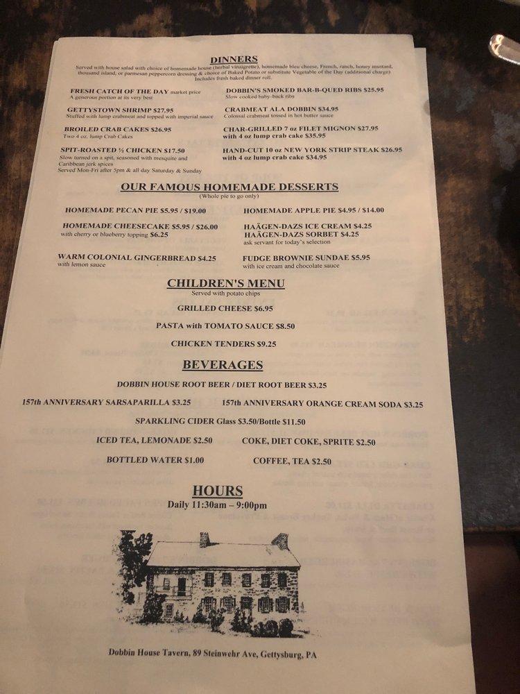 Menu at Spring House Tavern restaurant, Gettysburg