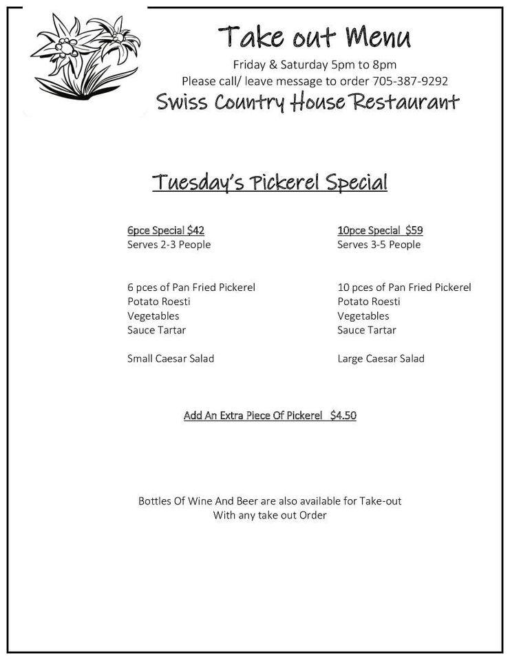 Menu at Swiss Country House Restaurant, Ahmic Harbour