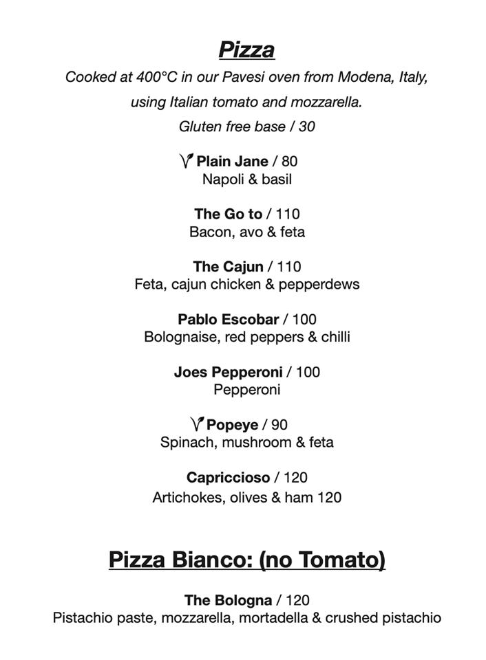 Menu at Bellevue Cafe, Kloof