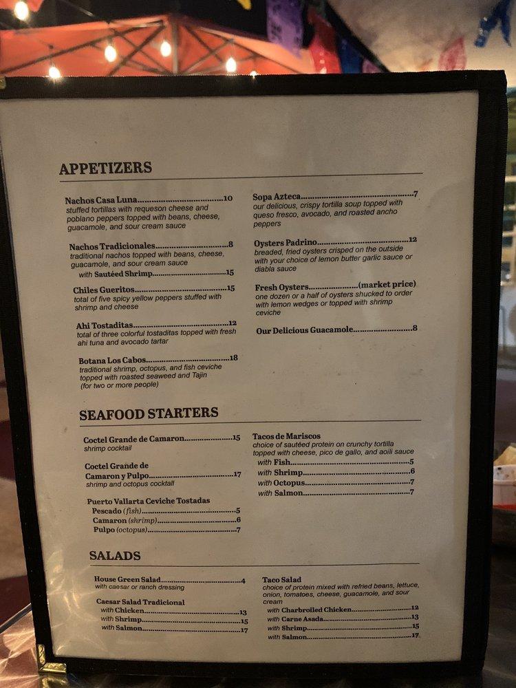 Menu at Casa Luna Mexican & Seafood Restaurant, Palm Desert