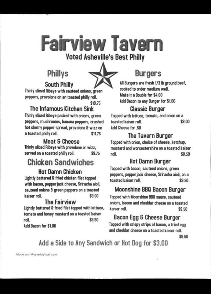 Menu at Fairview Tavern pub & bar, Asheville