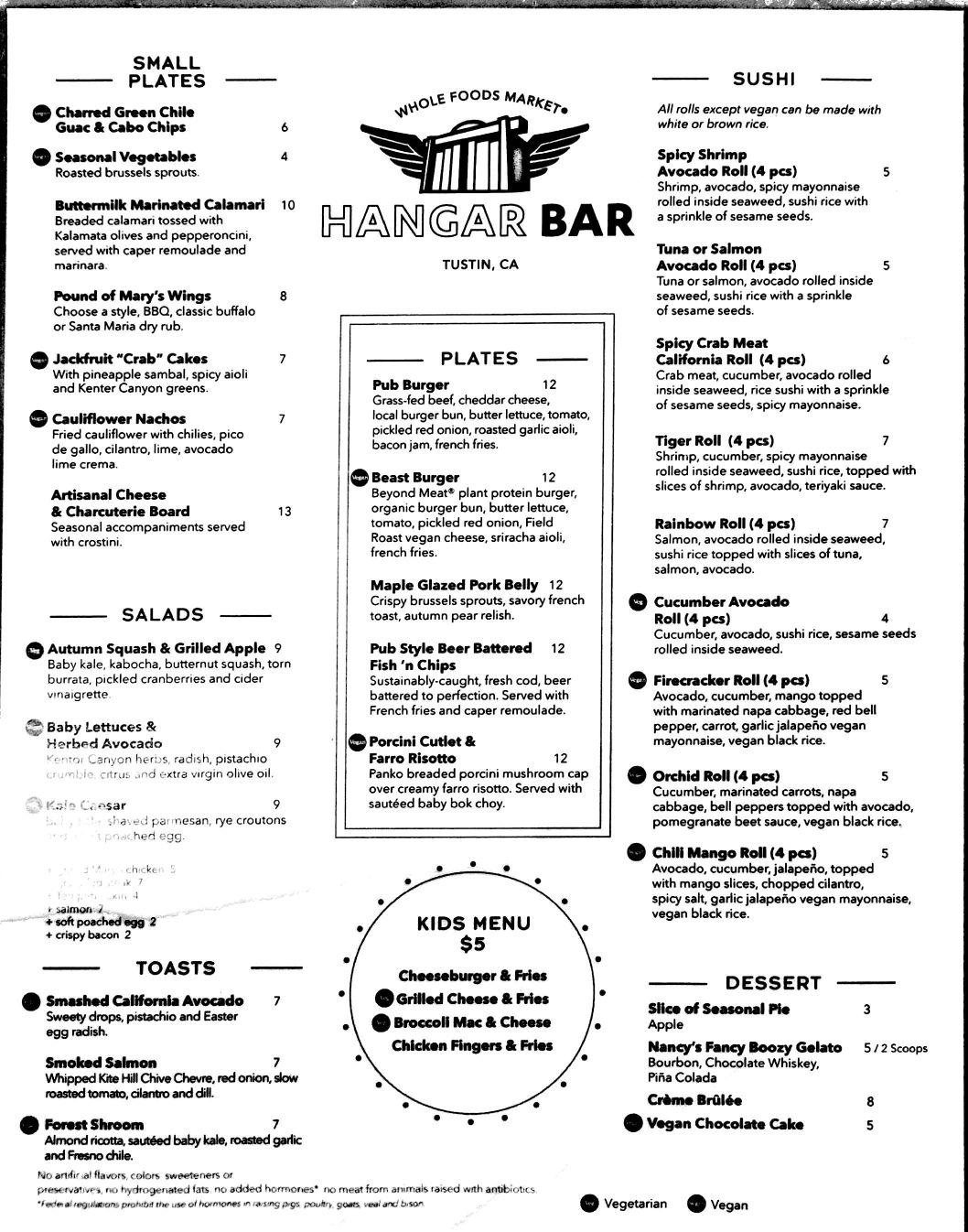 Menu at The Hangar Bar, Tustin