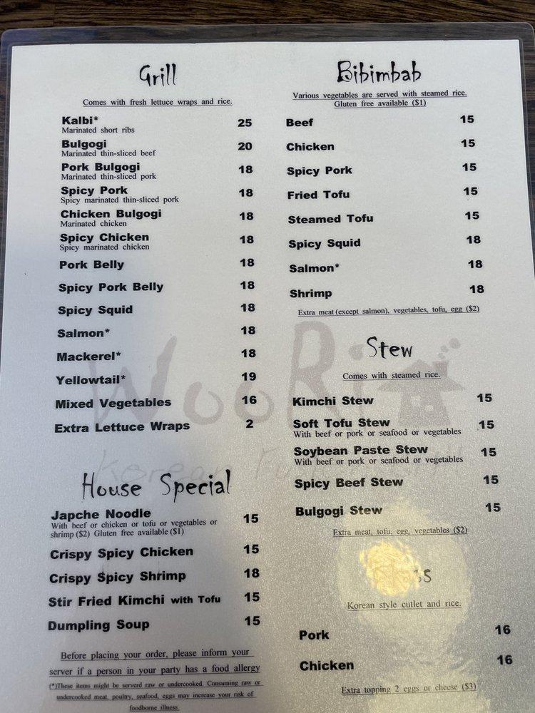 Menu at WooRi Korean Fusion Grill restaurant, Arlington