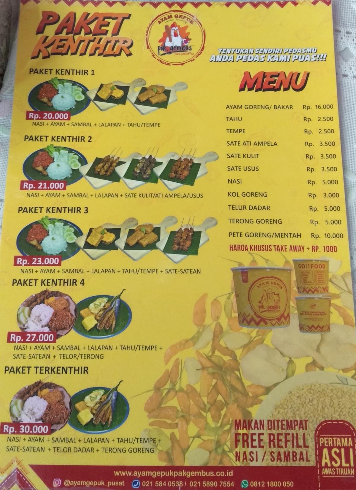 Menu at Ayam Gepuk Pak Gembus Rsud Cengkareng restaurant, West Jakarta
