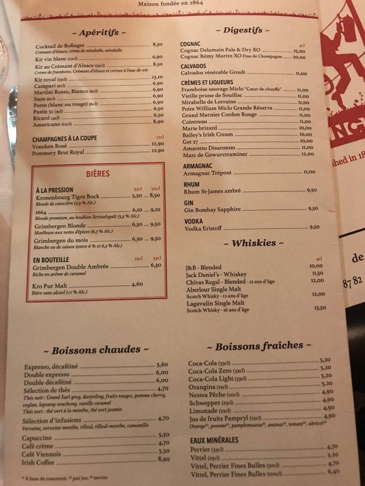 Menu at Bofinger restaurant, Paris, 5-7 Rue de la Bastille