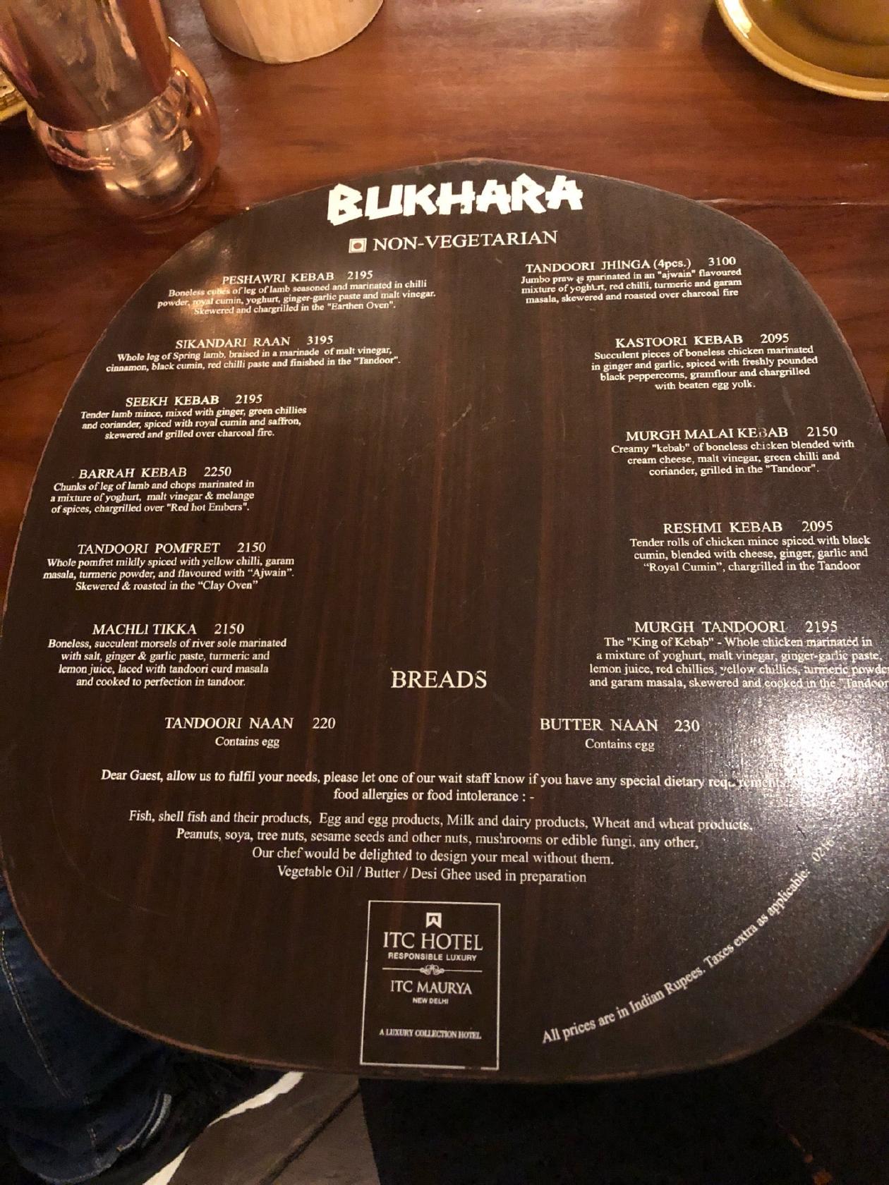 Menu at Bukhara, New Delhi, ITC MAURYA