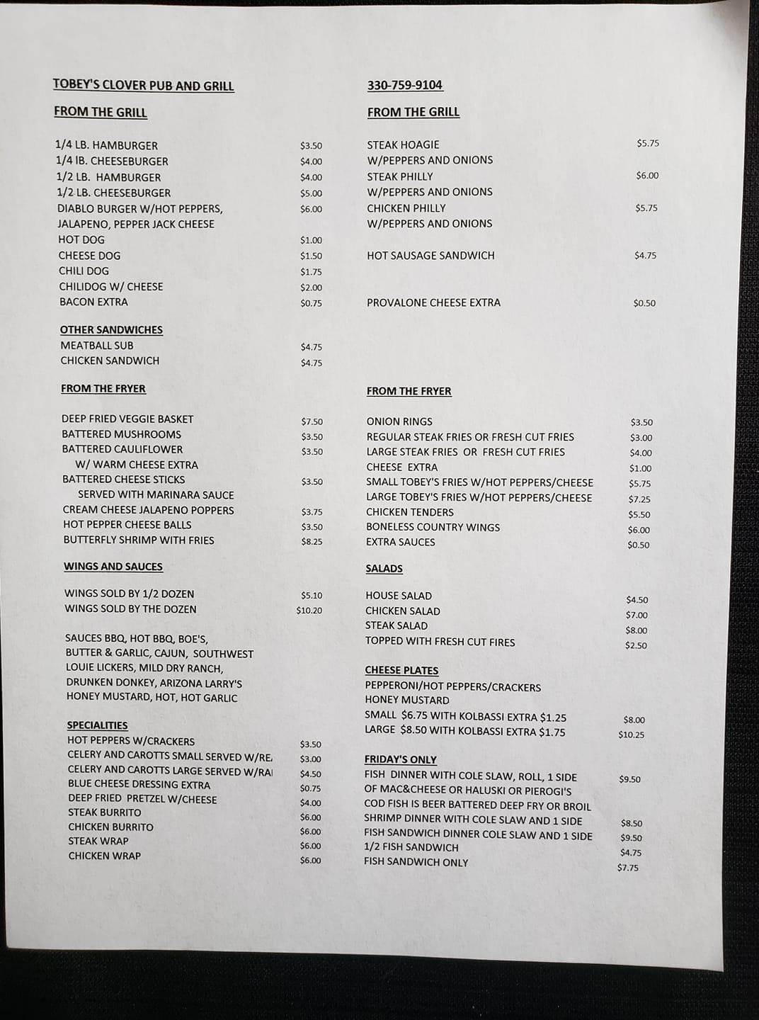 Menu at Clover Bar, Hubbard