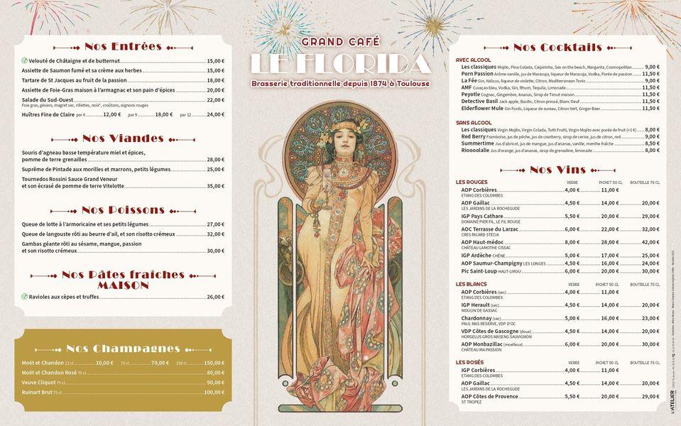 Menu au Grand Café Le Florida, Toulouse