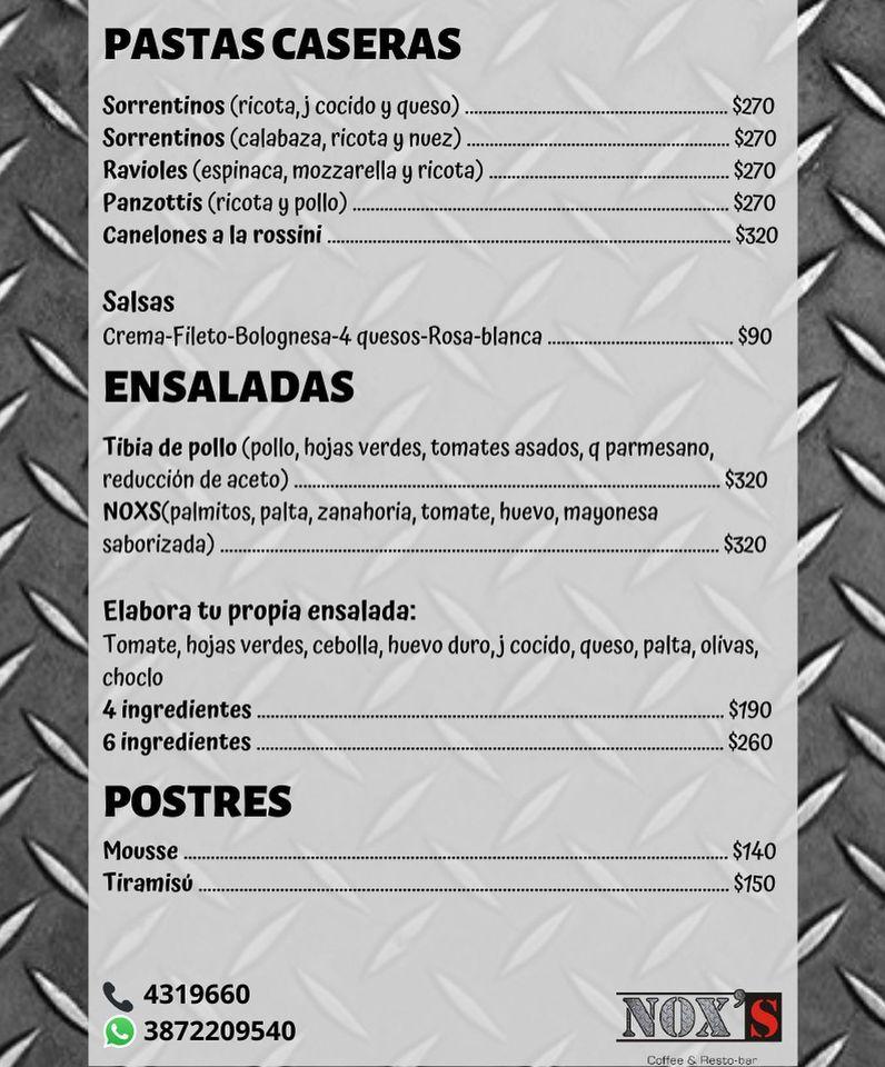 Menu at Nox's Coffee & Resto-bar, Salta