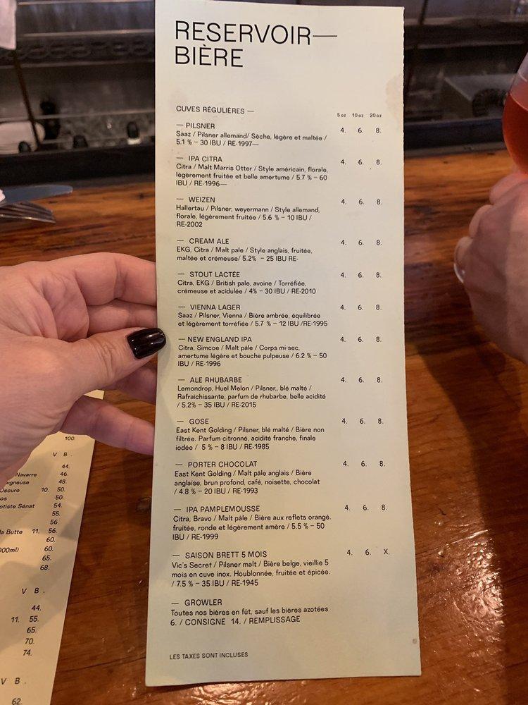 Menu at Reservoir pub & bar, Montréal