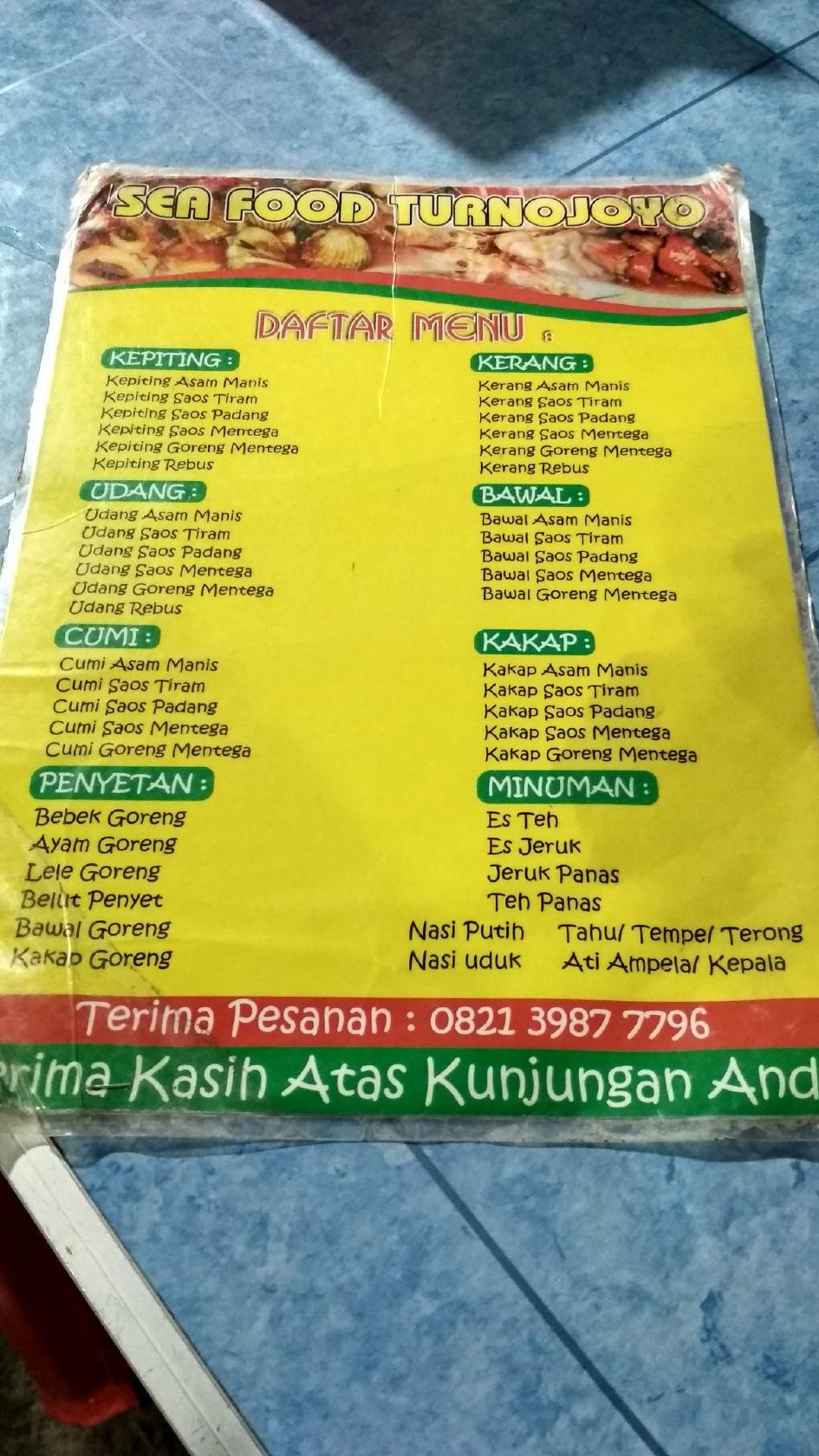 Menu at Sari Laut Trunojoyo restaurant, Malang