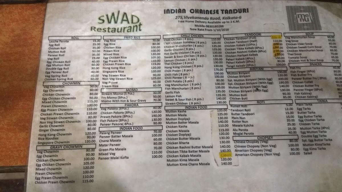 Menu at Swad Restaurant, Kolkata, 275